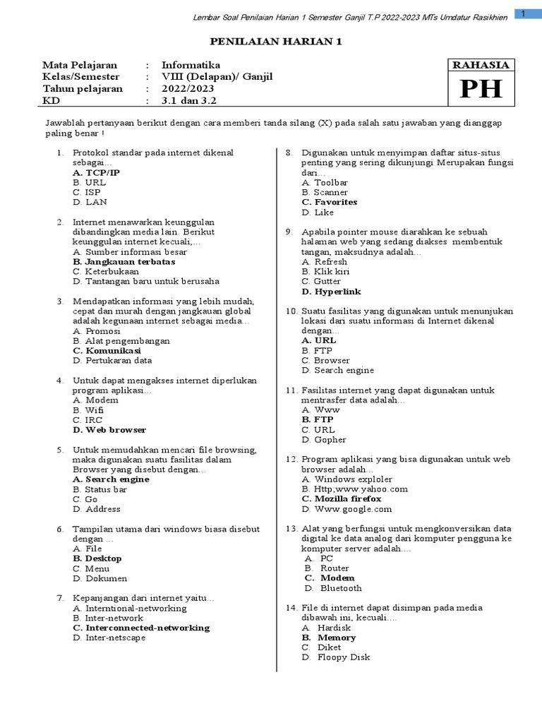 Soal Informatika Kelas VIII Ganjil | PDF
