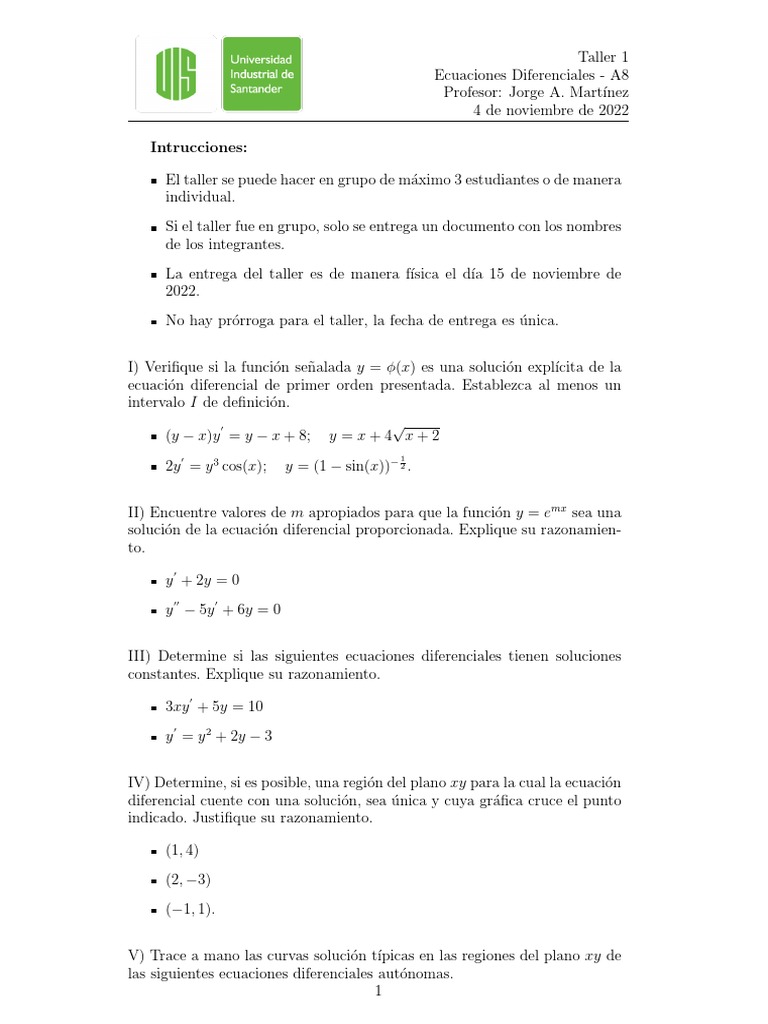 Jamarqui Taller 1 Ecuaciones Diferenciales 2022 2 A8 | PDF | Ecuaciones ...