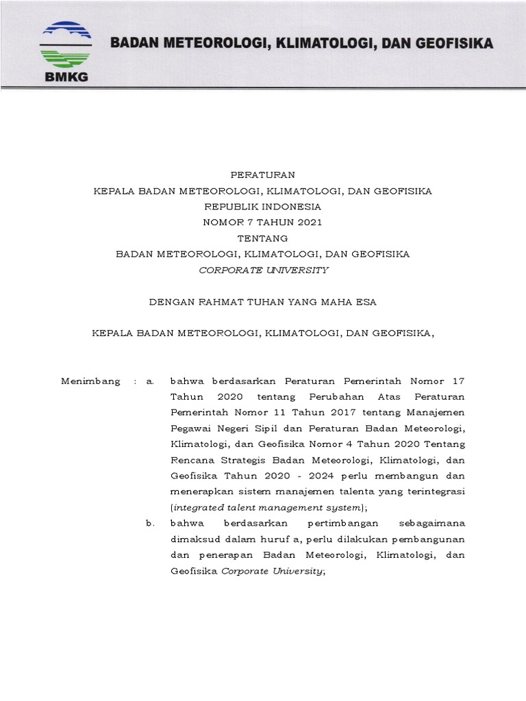 Perka No.7 Tahun 2021 Tentang Badan Meteorologi Klimatologi Dan ...