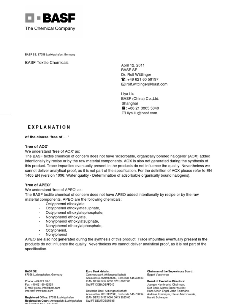 Textile Responsibity BASF Free of | PDF | Chemical Elements | Chemical ...