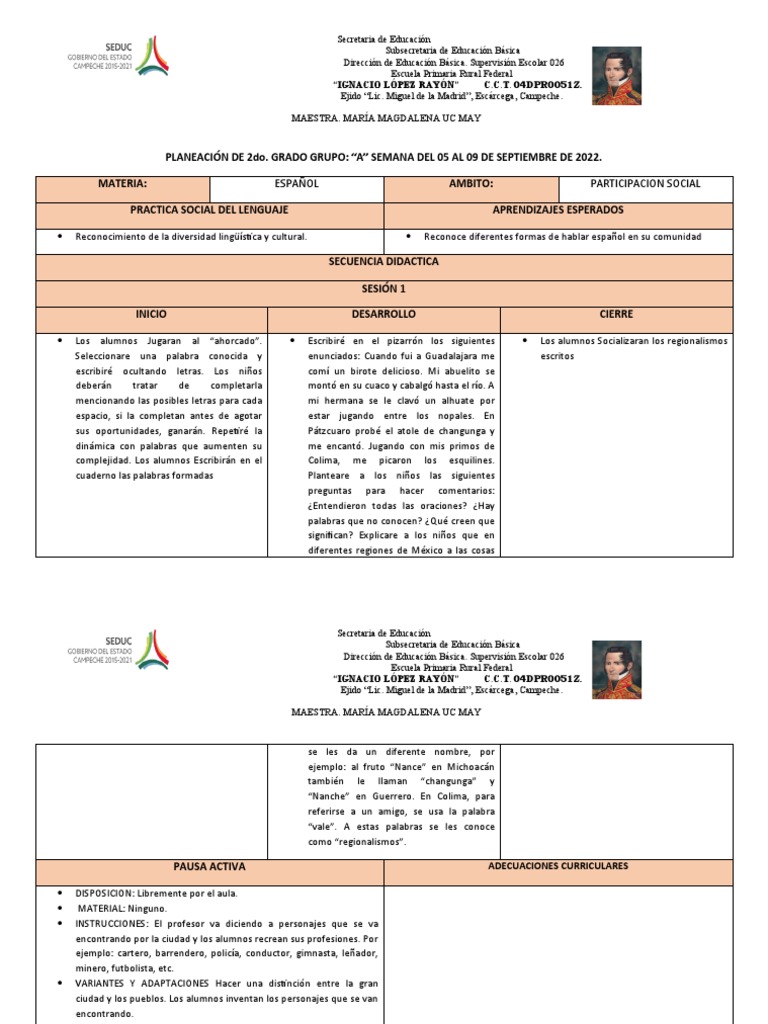 Planeacion Semana 2 Segundo Grado | PDF
