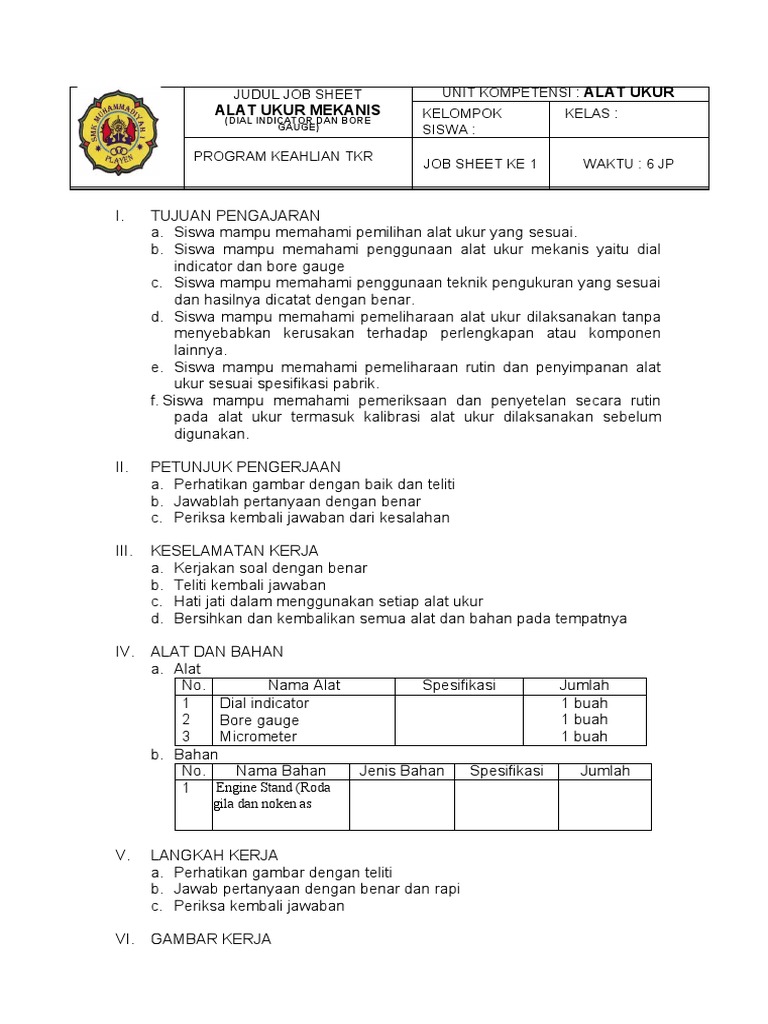 Job Sheet Dial Indicator Dan Bore Gauge | PDF