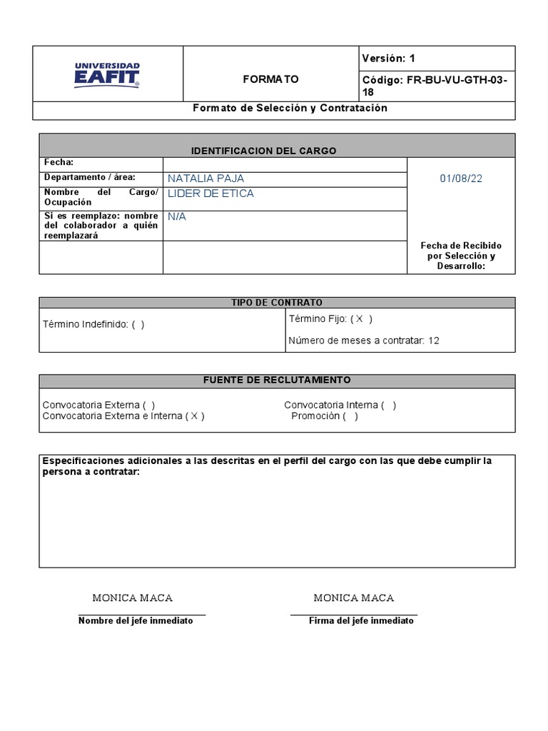 Formato Solicitud de Selección y Contratación | PDF