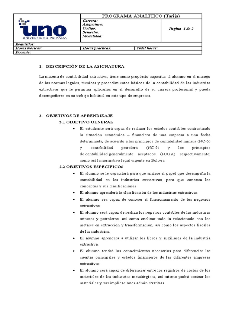 Propuesta Programa Analitico Tarija | PDF | Contabilidad | Estado financiero