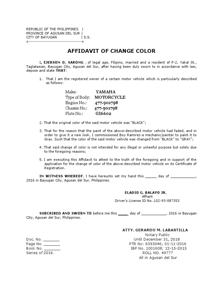 Affidavit for Vehicle Color Change | PDF | Affidavit | Road Transport