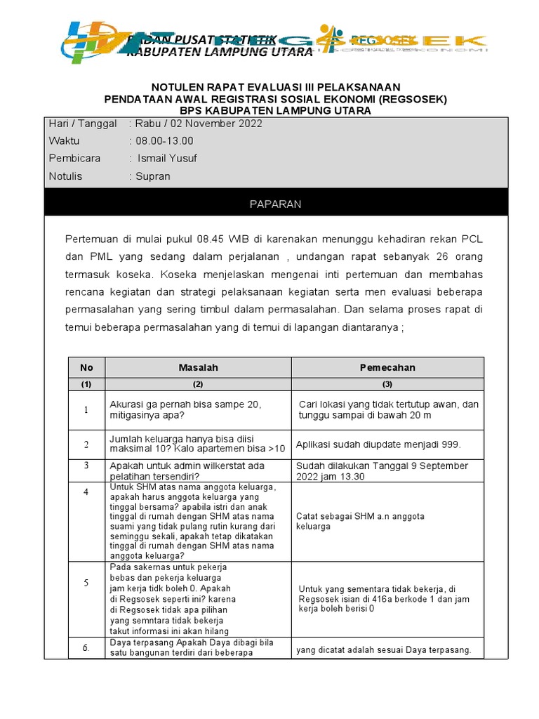Notulen Rapat Evaluasi 3 Regsosek | PDF