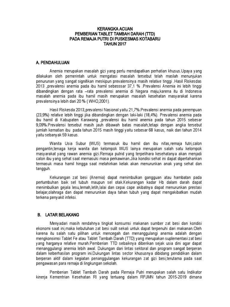 Kerangka Acuan Kegiatan TTD Remaja Putri | PDF