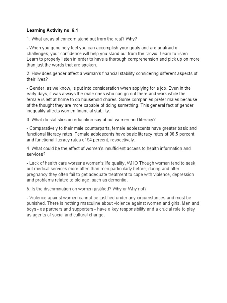 Women's Issues: Comprehension Quiz 6.1-6.3 | PDF | Woman | Workforce
