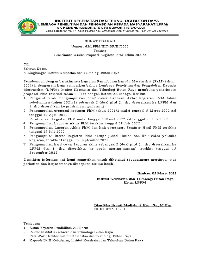 Surat Edaran LPPM IKT-BR Perihal Penerimaan Proposal Kegiatan Pengabdian Kepada Masyarakat Tahun ...