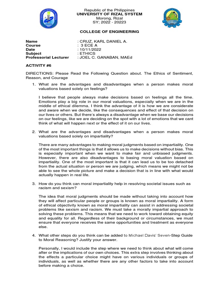 Activity #7 - The Ethics of Sentiment, Reason and Courage | PDF ...