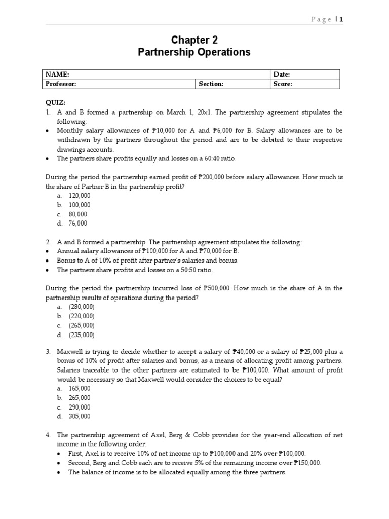 QUIZ_CHAPTER-2_PARTNERSHIP-OPERATIONS_2020-EDITION | PDF | Partnership ...