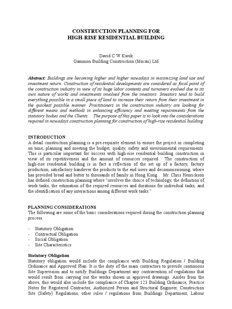 Construction Planning For High-Rise Residential Building | PDF