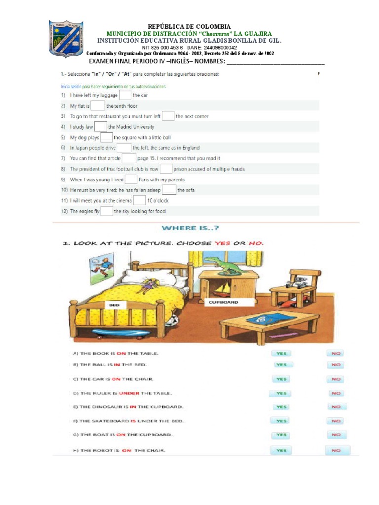 Examen Final Periodo Iv Ingles Preposiciones de Lugar in On at | PDF
