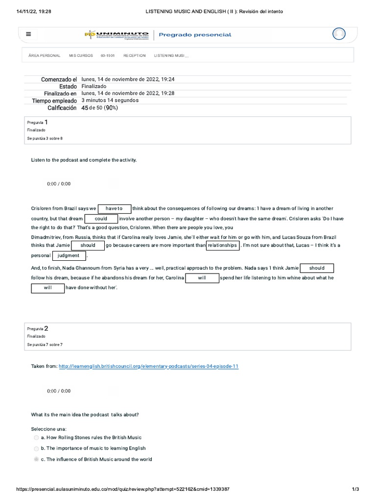 Listening Music and English (II) - Revisión Del Intento | PDF