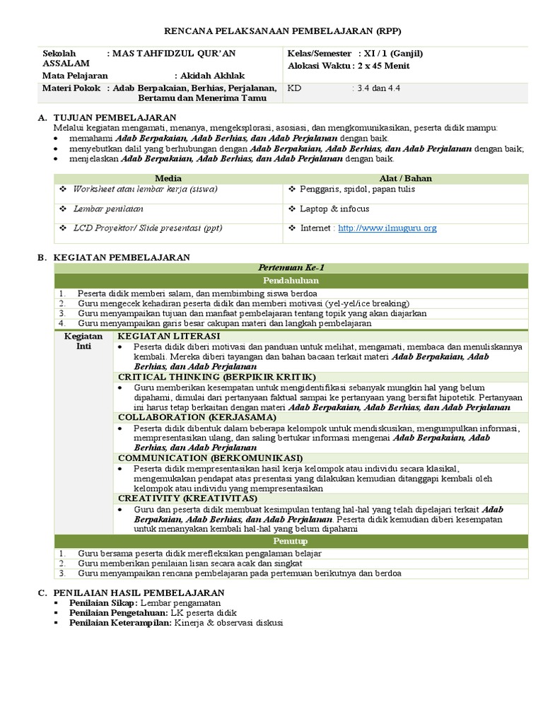 4.1 RPP I Akidah Akhlak Kelas 11 - ASSALAM | PDF