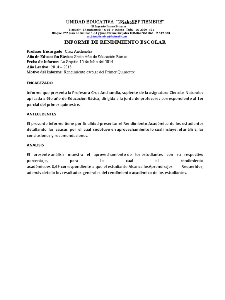 Informe de Rendimiento Escolar General | PDF