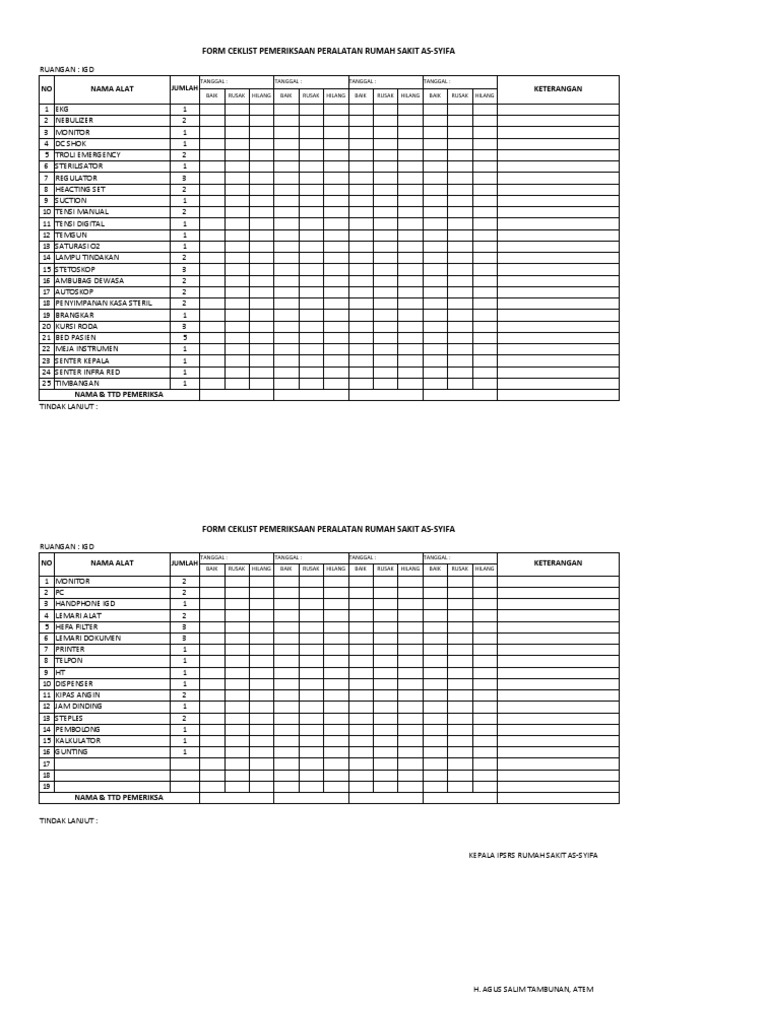 Form Ceklist Pemeriksaan Alat | PDF