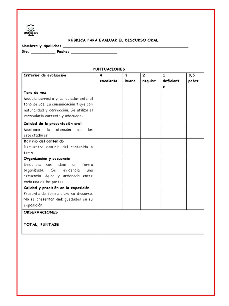 Rúbrica para Evaluar Discurso Oral | PDF