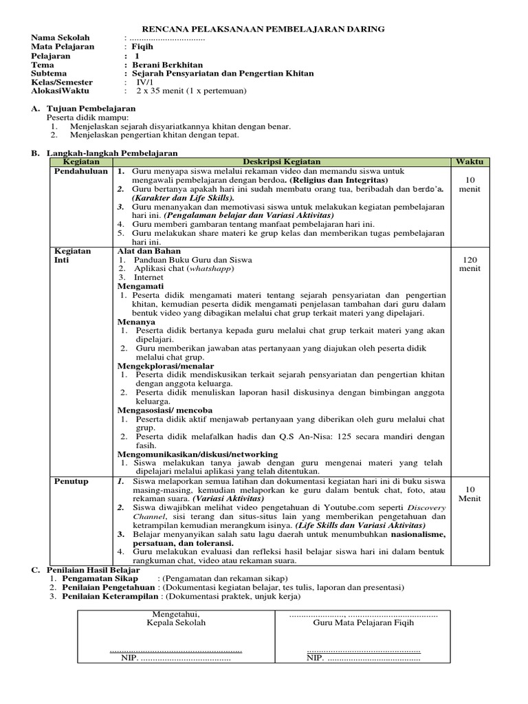 RPP Daring Fiqih Kelas 4 Semester 1 Dan 2 SD Mi | PDF