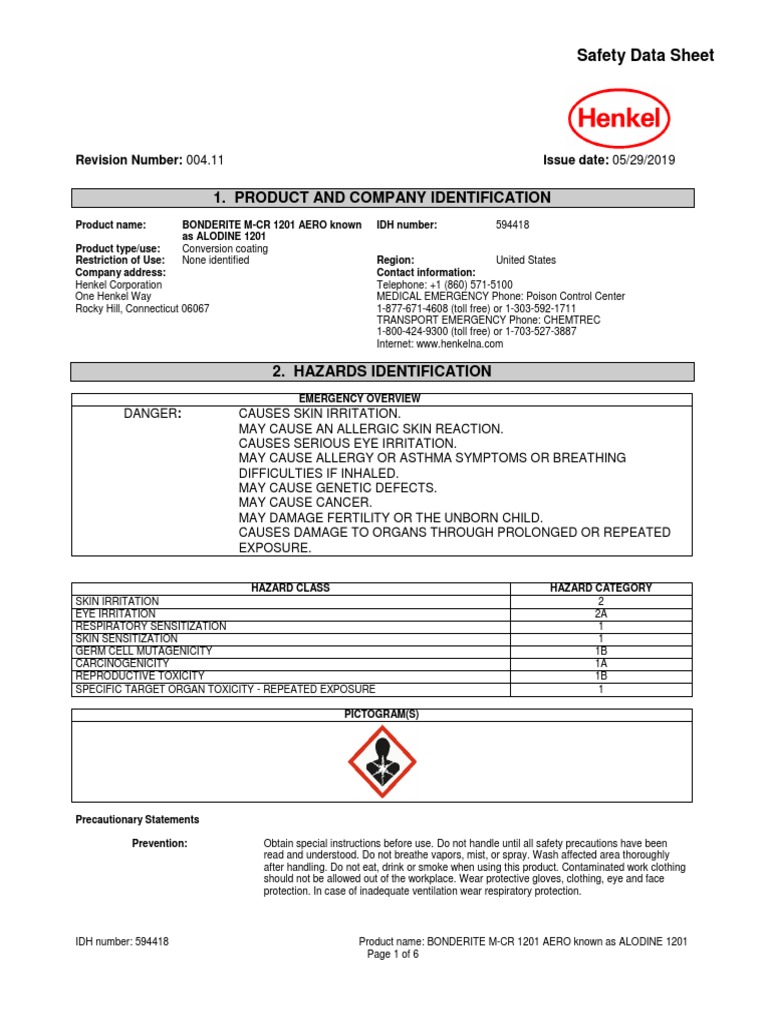 Safety Data Sheet for Bonderite M-CR 1201 Aero Conversion Coating | PDF | Dangerous Goods ...