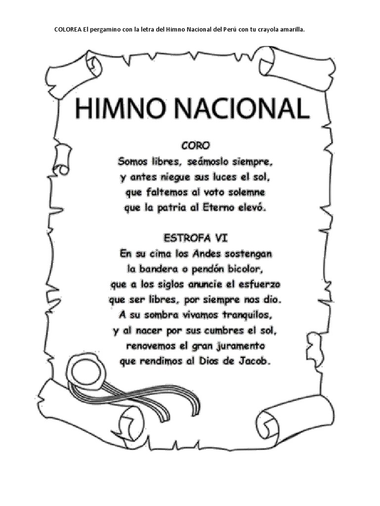 COLOREA El Pergamino Con La Letra Del Himno Nacional Del Perú Con Tu ...