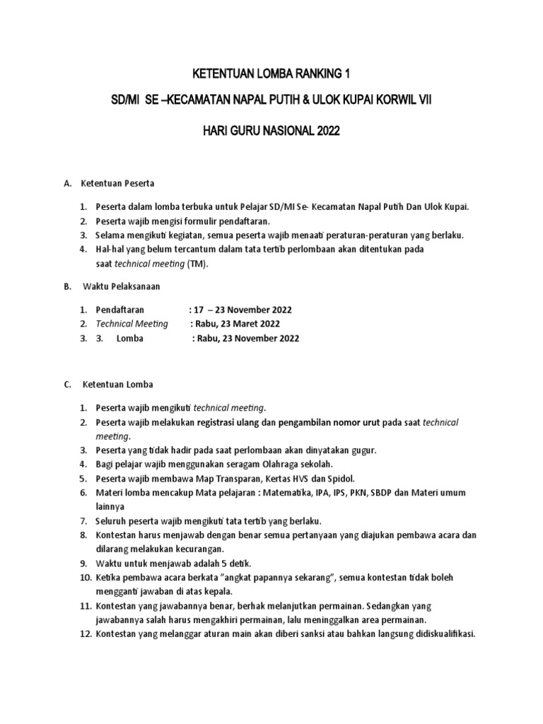 Ketentuan Lomba Ranking 1 SD HGN Npuk 2022 | PDF