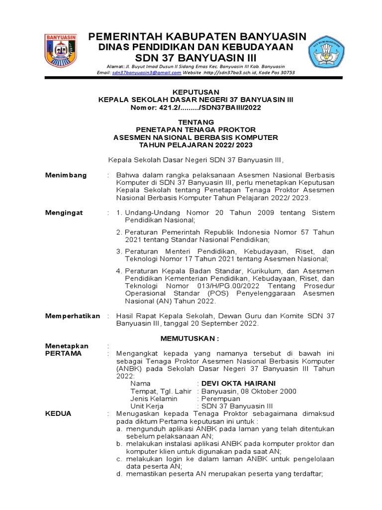 SK Proktor, Teknisi Dan Surat Tugas Pengawas ANBK SD 2022 | PDF