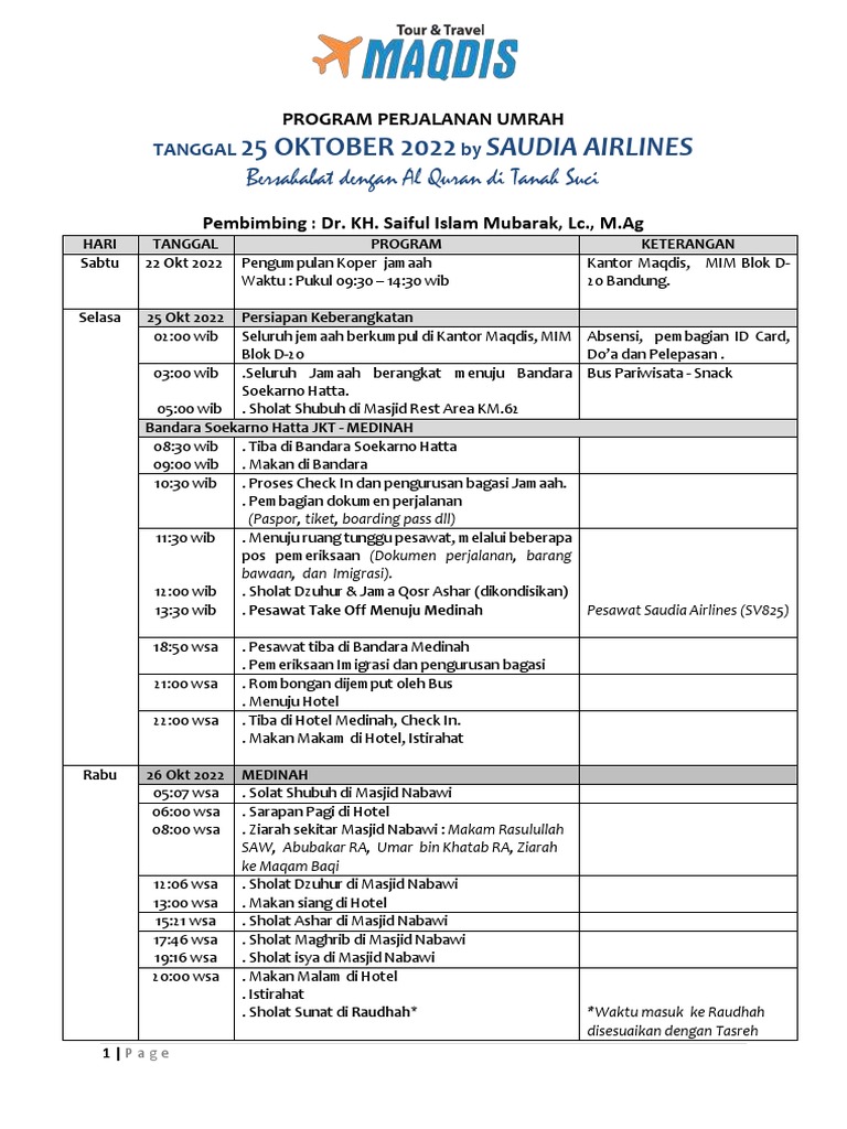 Itinerary Umroh 25 Oktober 2022 Rev 10sep22 | PDF