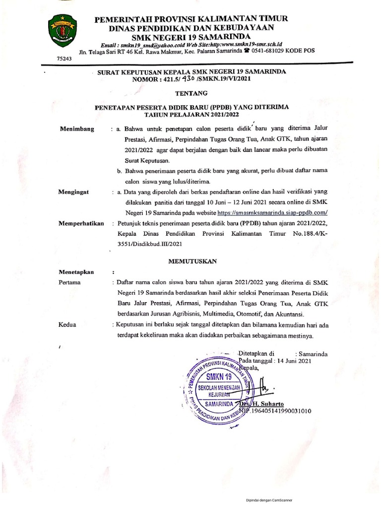 Contoh SK Penerimaan Siswa Baru | PDF