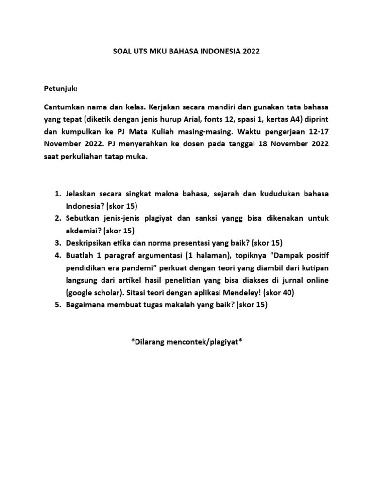 Soal Uts Mku Bahasa Indonesia 2022 | PDF