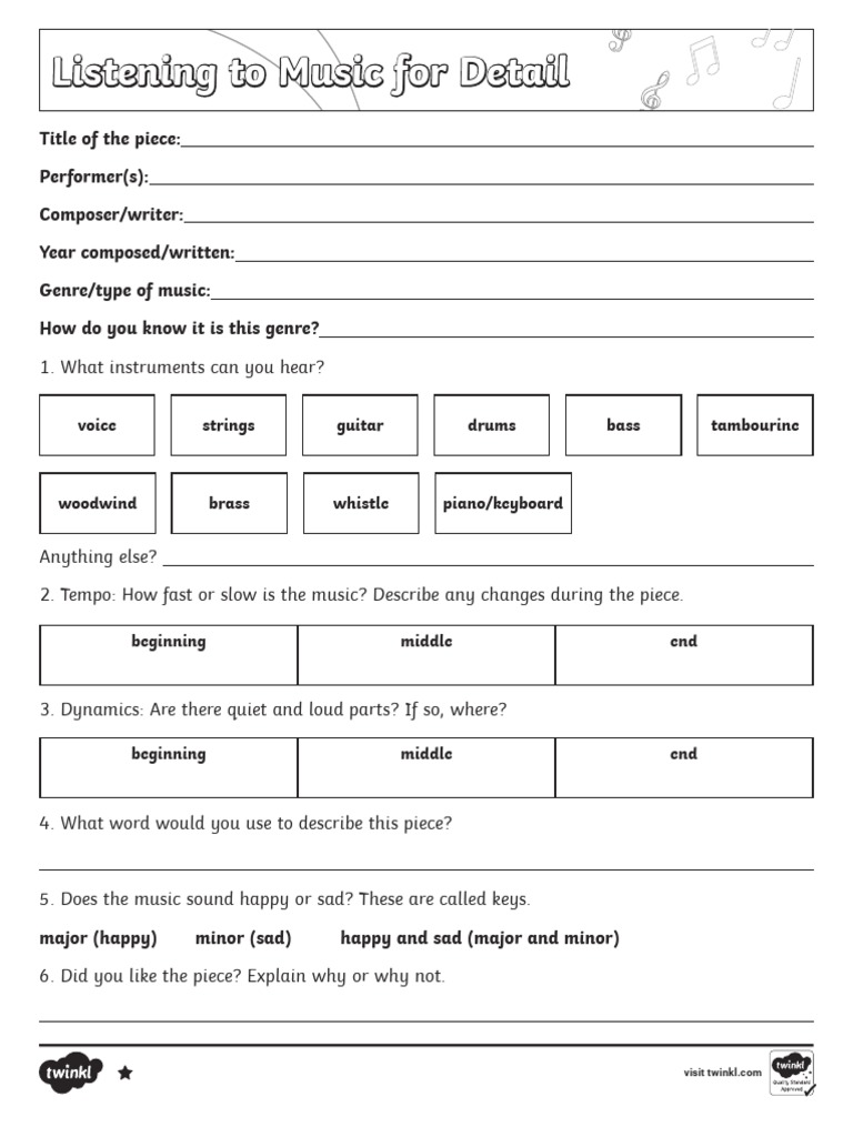 B&W Listening To Music For Detail Activity PDF | PDF | Piano | String ...