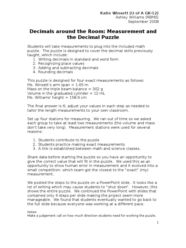 Decimal Puzzle Pdf Decimal Measurement