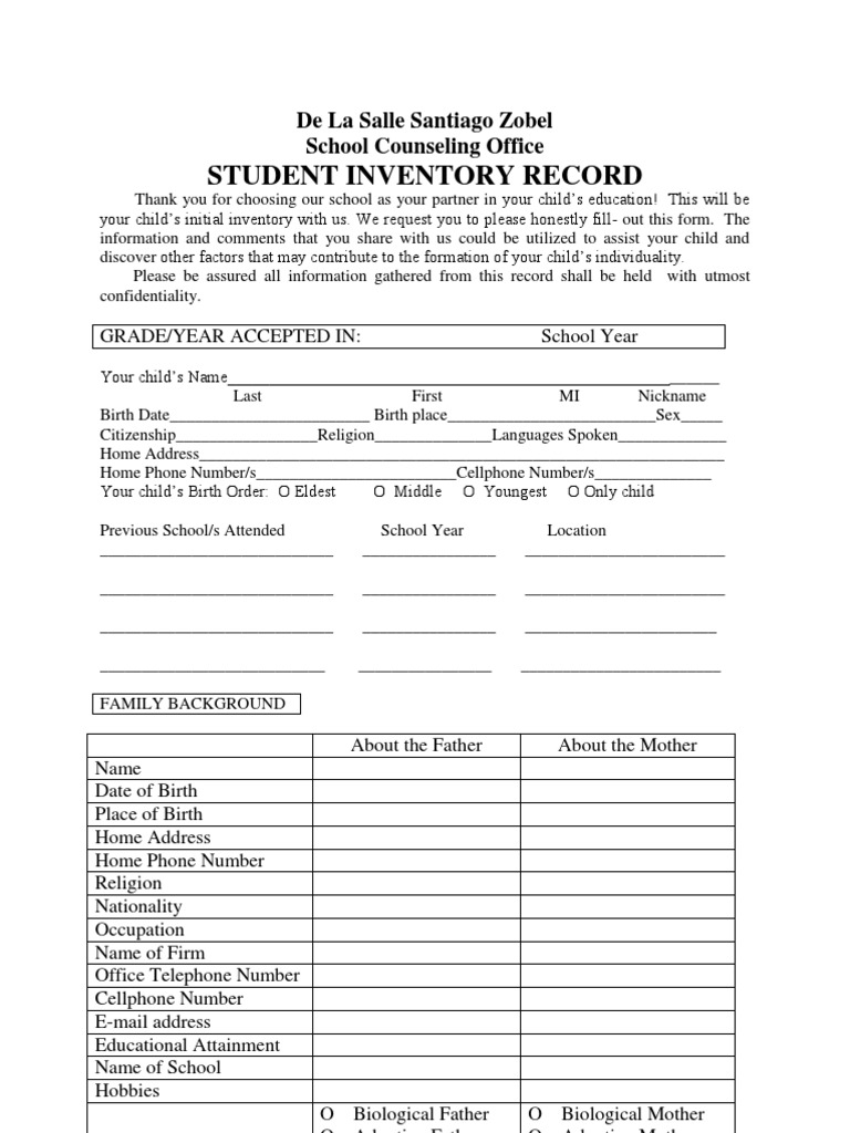 Student Inventory Record Form | PDF | Parent | Relationships