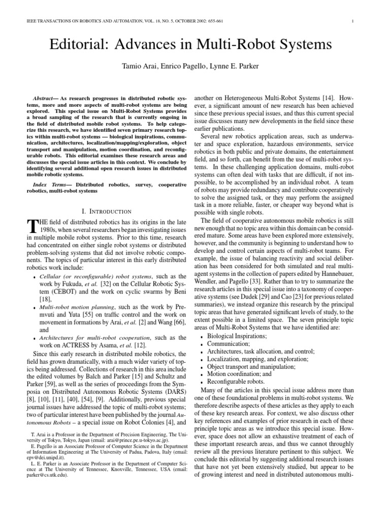 Editorial Advances In Multi Robot Systems Pdf Robot Robotics