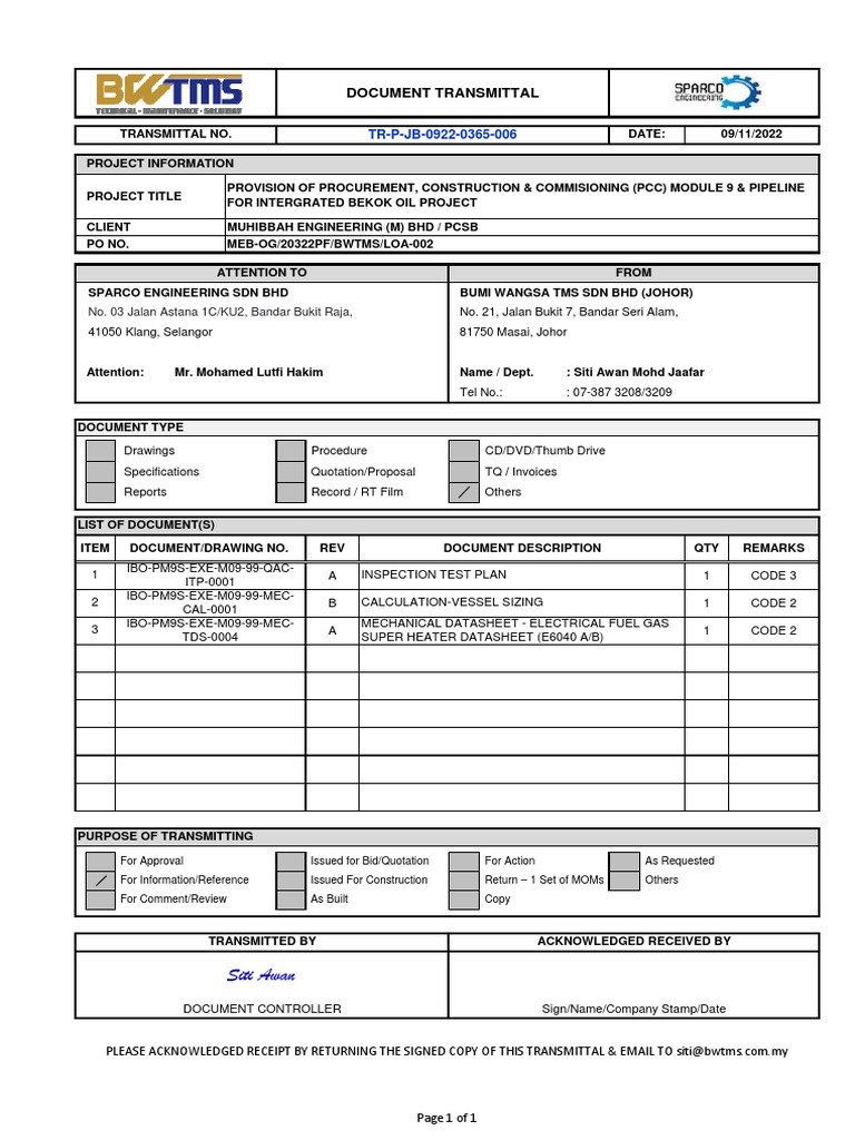 Siti Awan: Document Transmittal | PDF