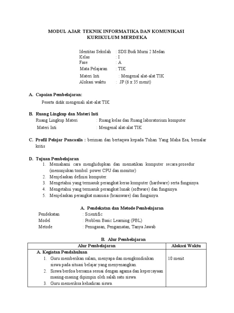 Modul Ajar Tik Kelas 1 | PDF