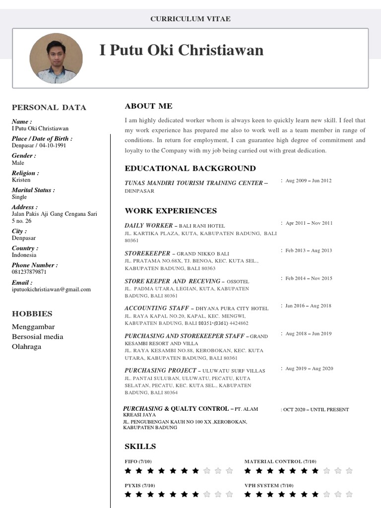 I Putu Oki Christiawan CV: Bali Hotel Experience | PDF