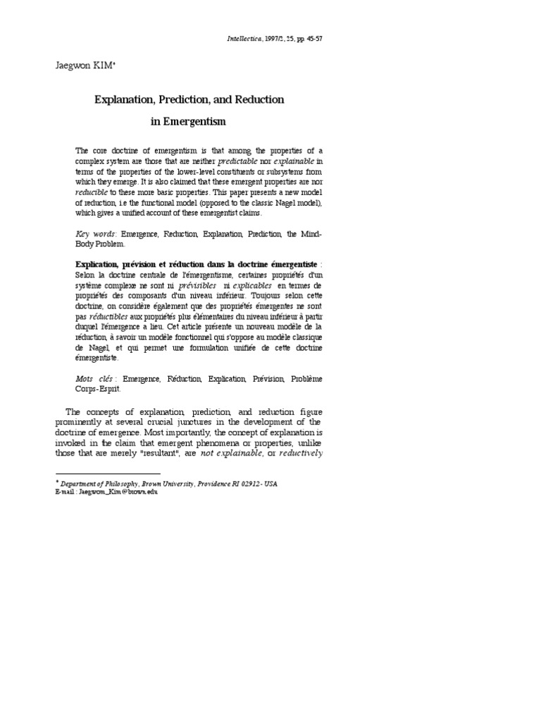 KIM Explanation, Prediction, and Reduction in Emergent Ism 1997 | PDF ...