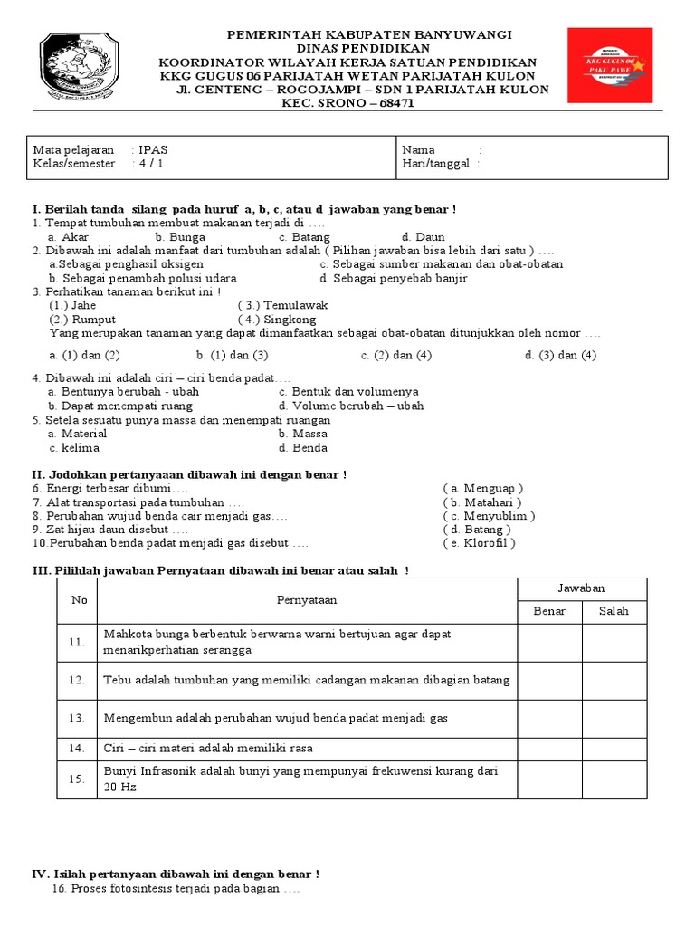 Soal Uts Kelas 4 Ipas | PDF