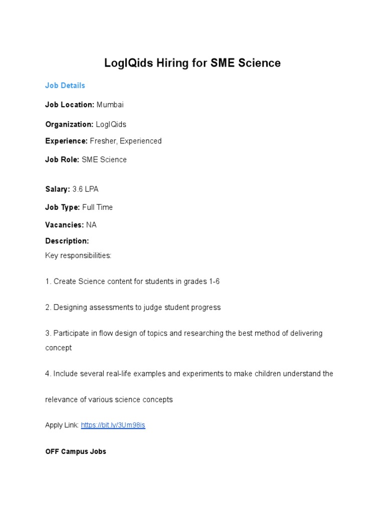 LogIQids Hiring For SME Science | PDF