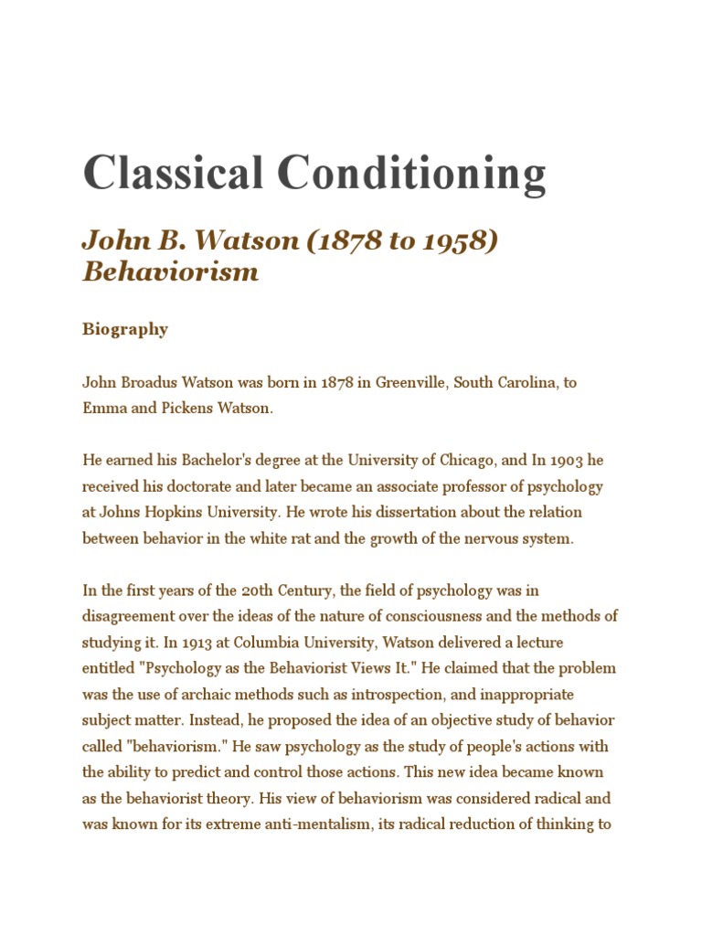 John B Watson Behaviorism Classical Conditioning | PDF