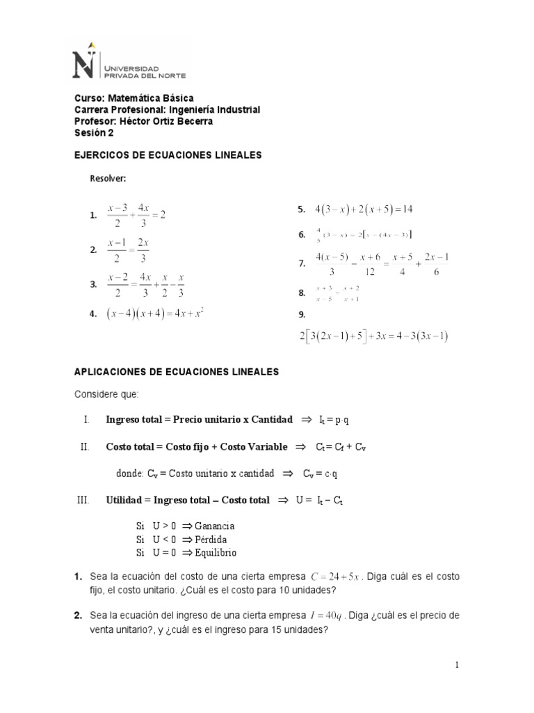 Sesión 2 - Ejercicios de Ecuaciones e Inecuaciones Lineales y Cuadráticas | PDF | Precios ...