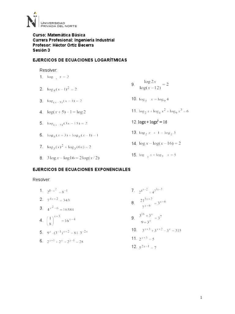 Sesión 3 - Ejercicios de Ecuaciones Exponenciales y Logarítmicas | PDF