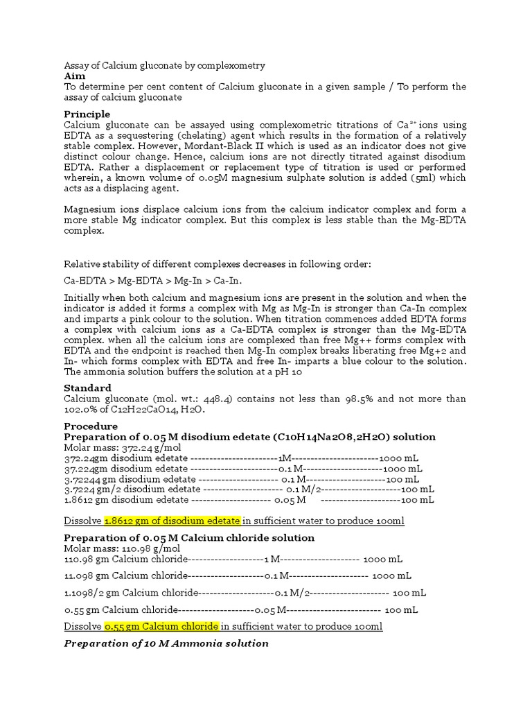 Assay of Calcium Gluconate by Complexometry | PDF