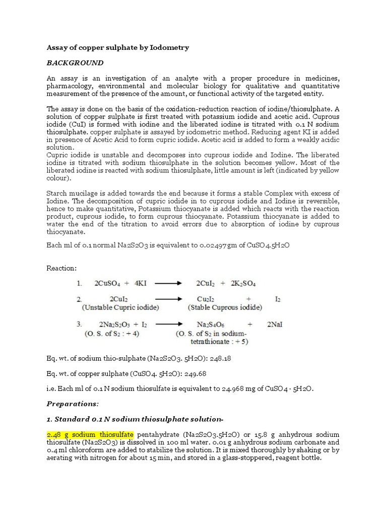 Assay of Copper Sulphate by Iodometry | PDF | Iodine | Atoms