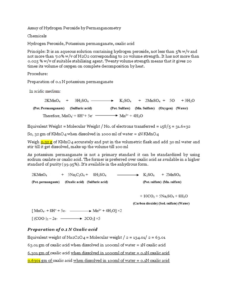 Assay of Hydrogen Peroxide by Permanganometry | PDF | Hydrogen Peroxide ...
