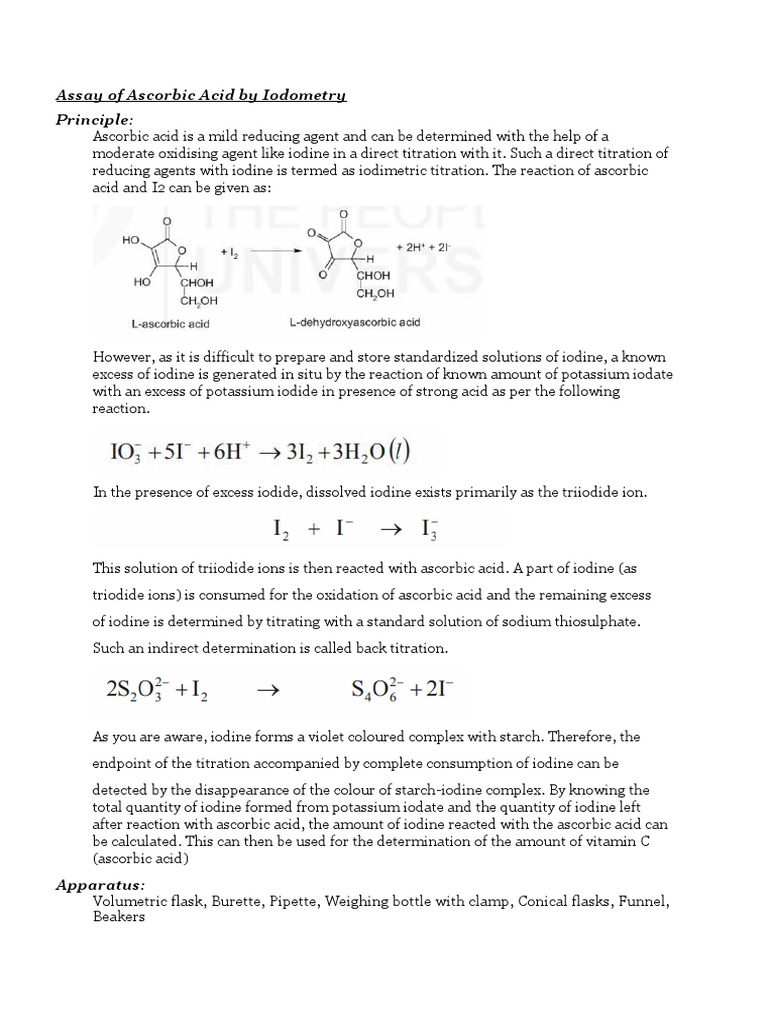 Assay of Ascorbic Acid by Iodometry | PDF | Titration | Chemistry