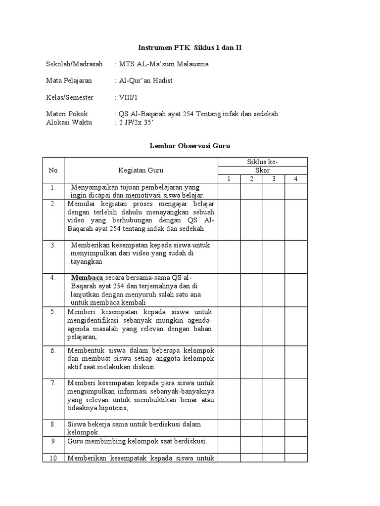 Instrumen PTK Siklus 1 dan II | PDF