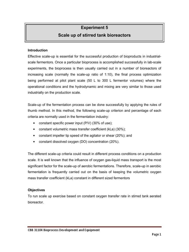 Lab Manual Experiment 5 Scale Up of Bioreactors | PDF | Calibration | Gases