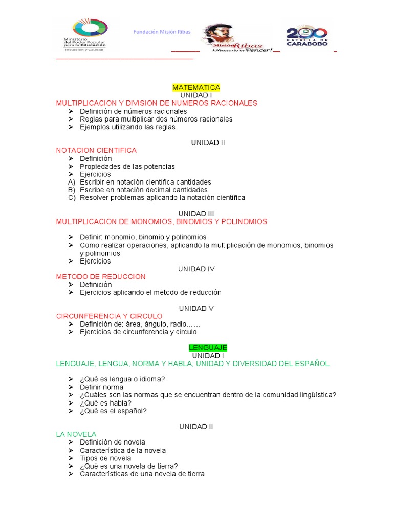 Plan de Estudios 2º Semestre Mision Ribas | PDF